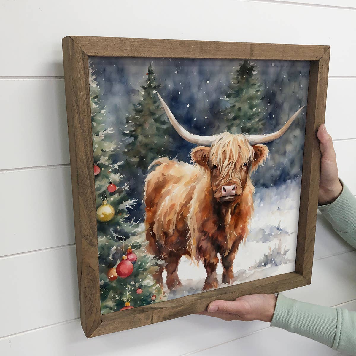 Highland Cow Christmas Tree - Framed Holiday Animal Canvas: 6x6" Mini ...